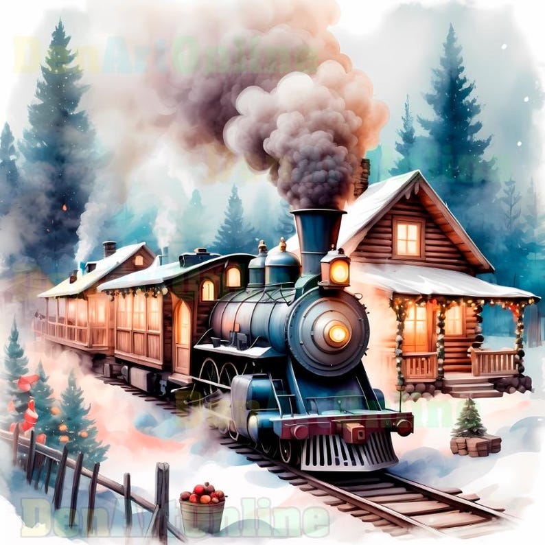 Watercolor Christmas Train Clipart: Winter Steam Train Graphics ...
