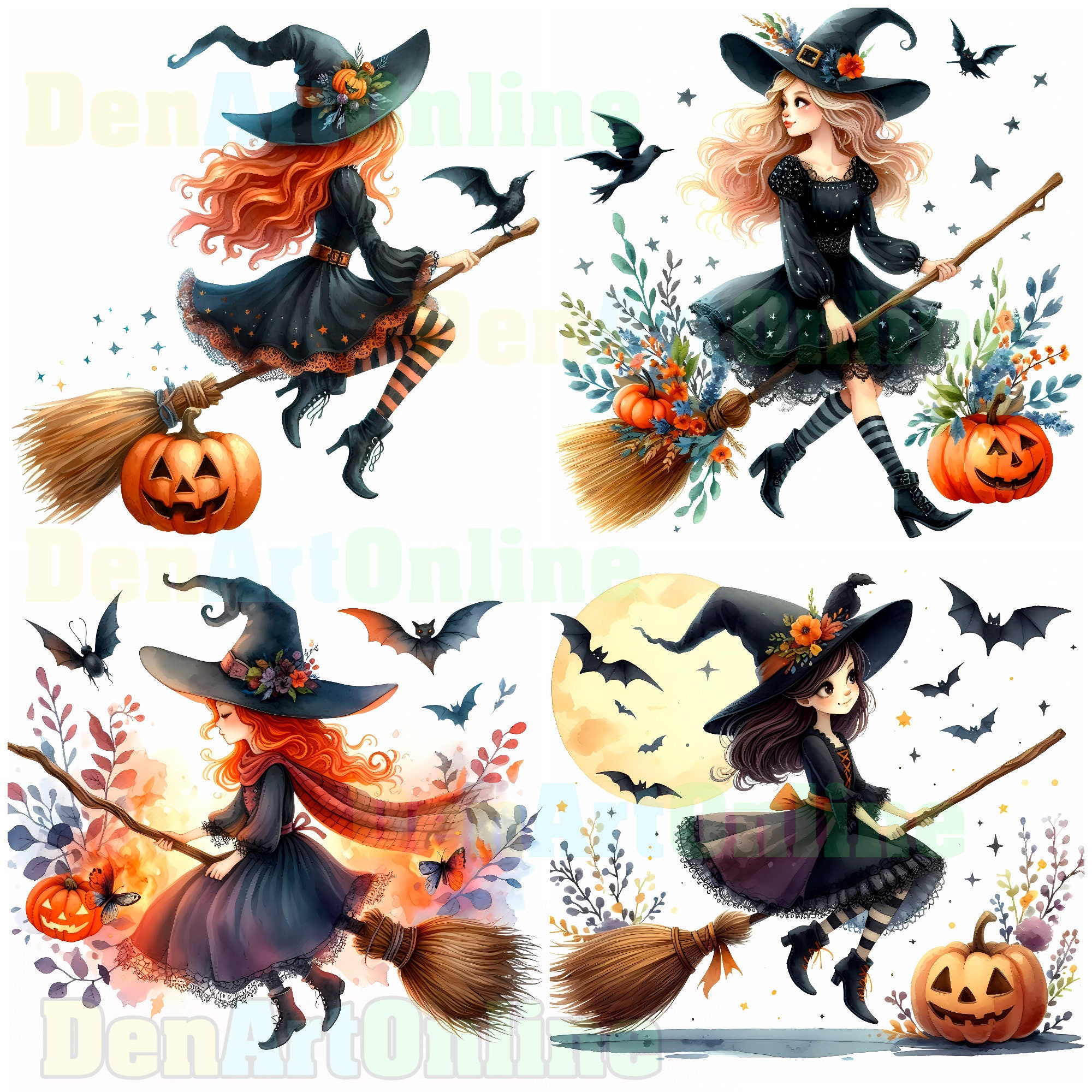 Halloween Witch on a Broom Clipart, 26 Watercolor Jpgs, Witch Halloween ...