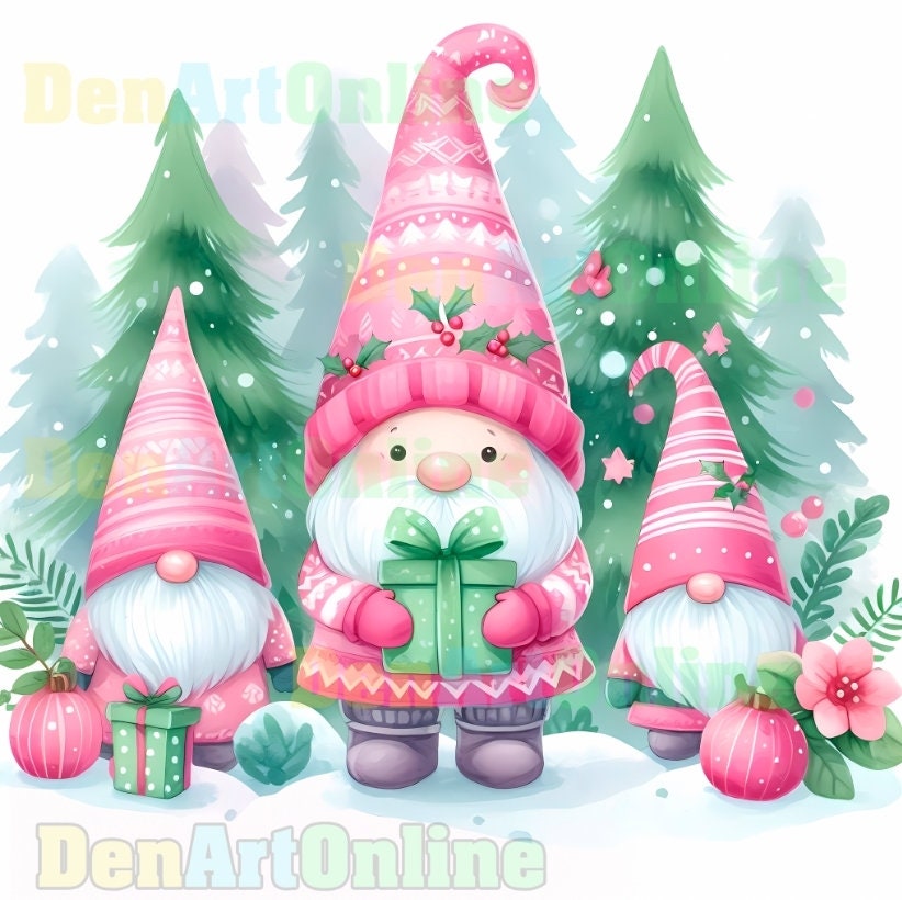 Cute Pink Christmas Gnomes Clipart, 20 Pink Gnome Winter Clipart JPG ...