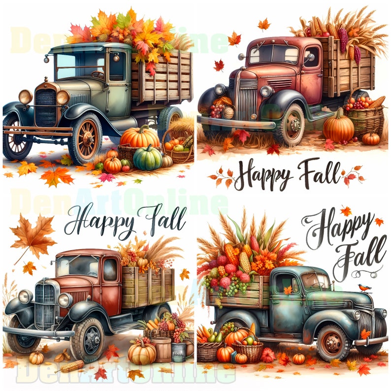 Watercolor Vintage Trucks Fall Harvest Clipart, 21 JPG Pumpkin Autumn ...