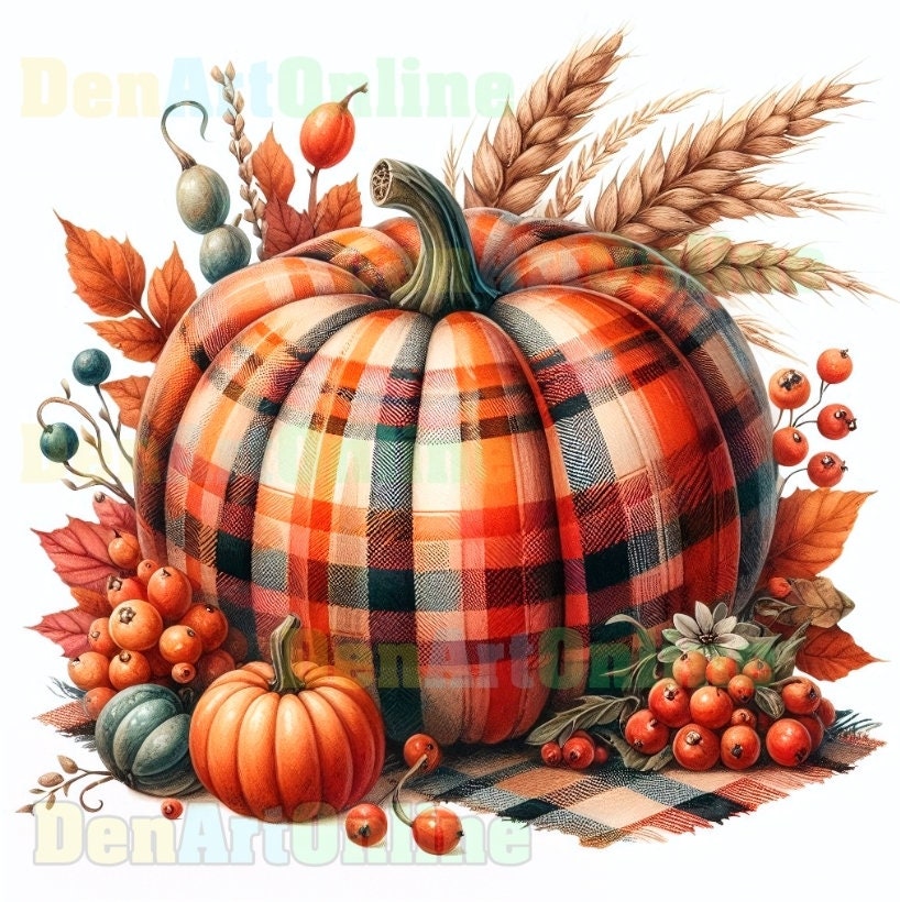 Plaid Pumpkin Clipart 24 High Quality 300 DPI Jpegs, Cozy Autumn ...