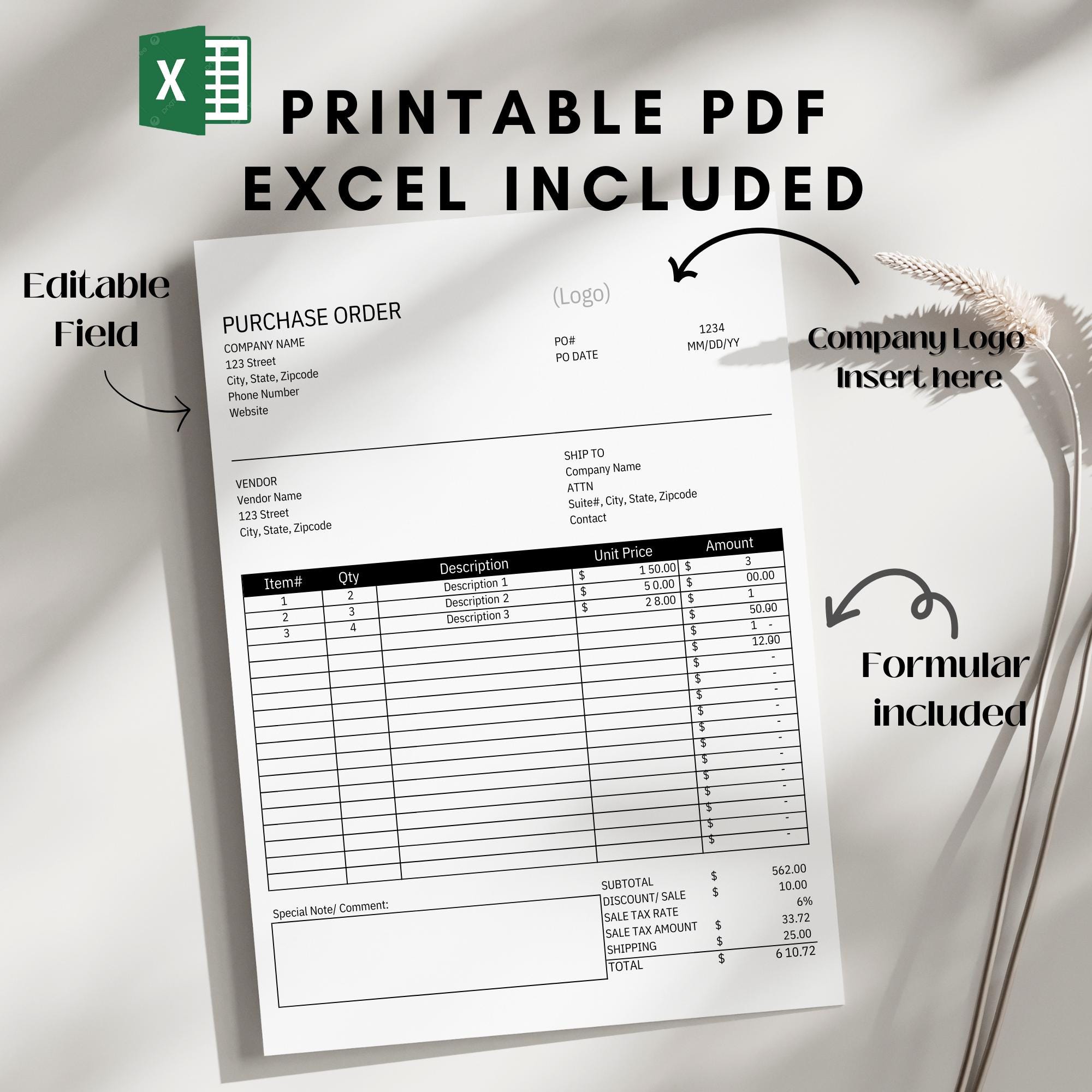 Editable Purchase Order Template: Auto Calculation Excel Form ...