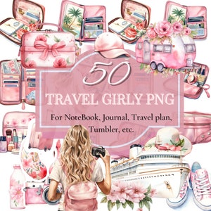 50 Pink Travel Clipart PNG Images: Girly Vacation Graphics (digital ...