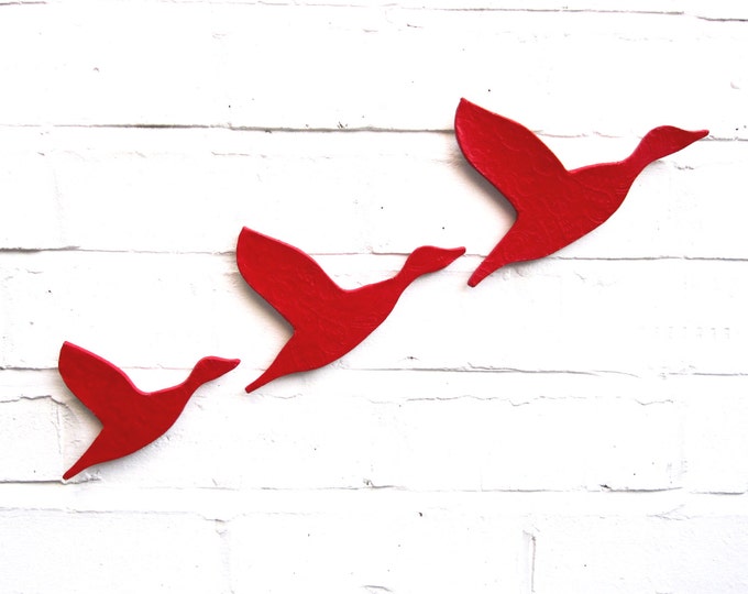 Ceramic Wall Art Three Flying Ducks Set Bright Scarlet Red Modern Wall ...