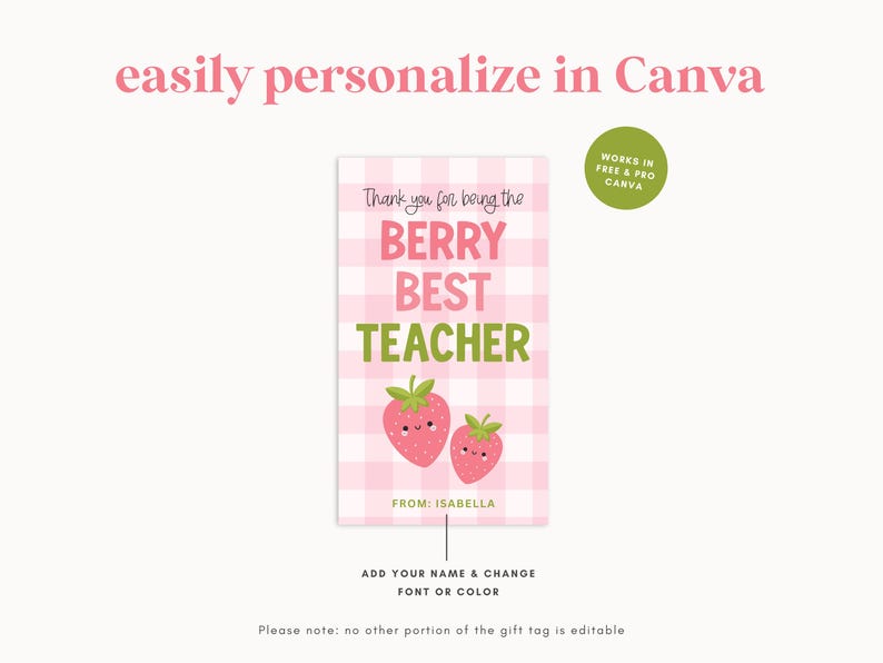 Teacher Gift Tag Template Berry Best Teacher | Printable + Editable ...