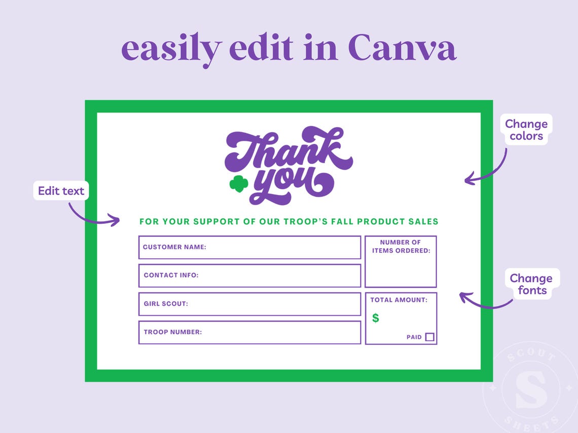 Girl Scout Fall Product Thank You Cards | 5 X 3.5 | Printable | Troop ...