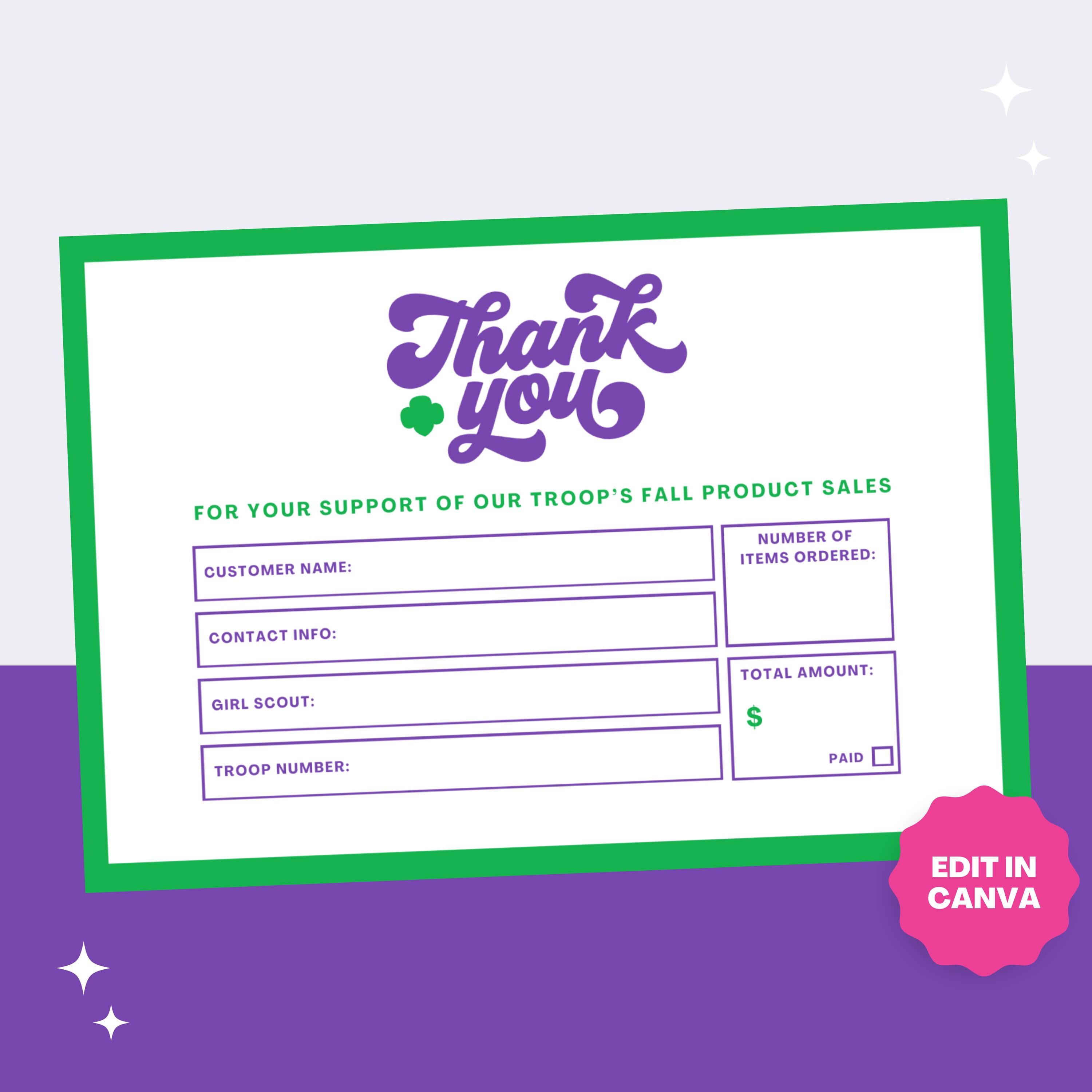 Girl Scout Fall Product Thank You Cards 5 X 3.5 Printable Troop Leader ...