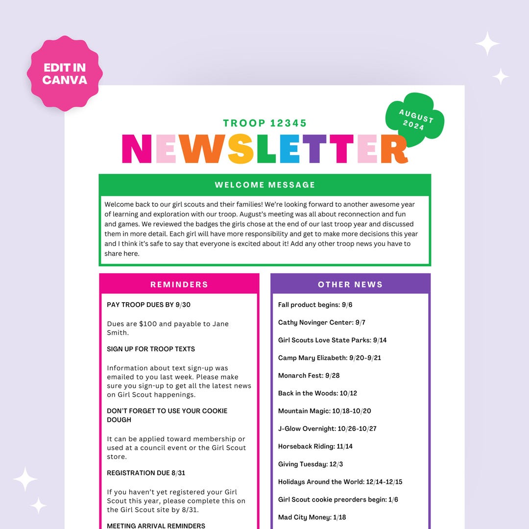 Girl Scout Newsletter Template | 8.5 X 11 | Printable | Troop Leader ...