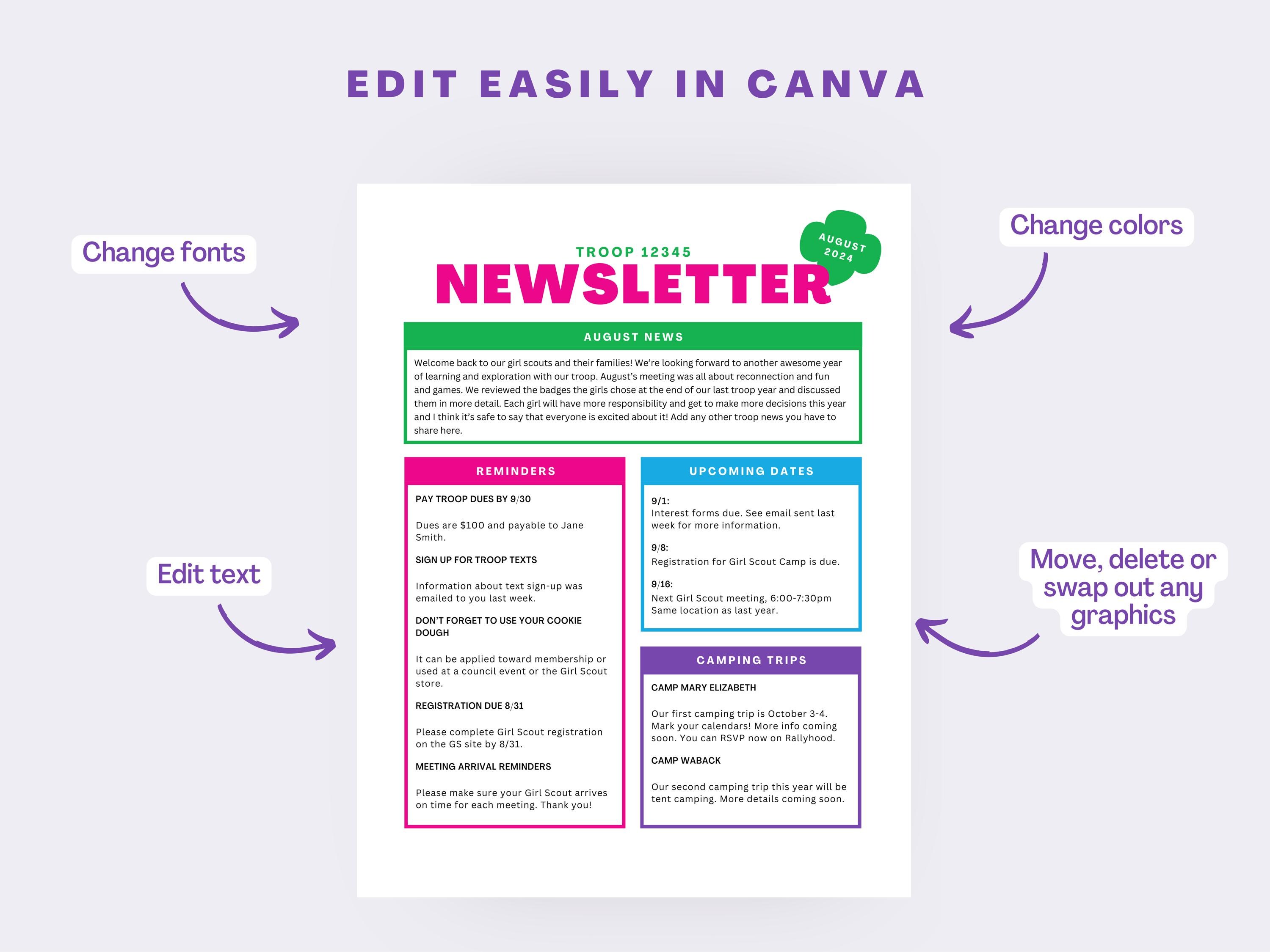 Girl Scout Newsletter Template 8.5 X 11 Printable Troop Leader GS ...