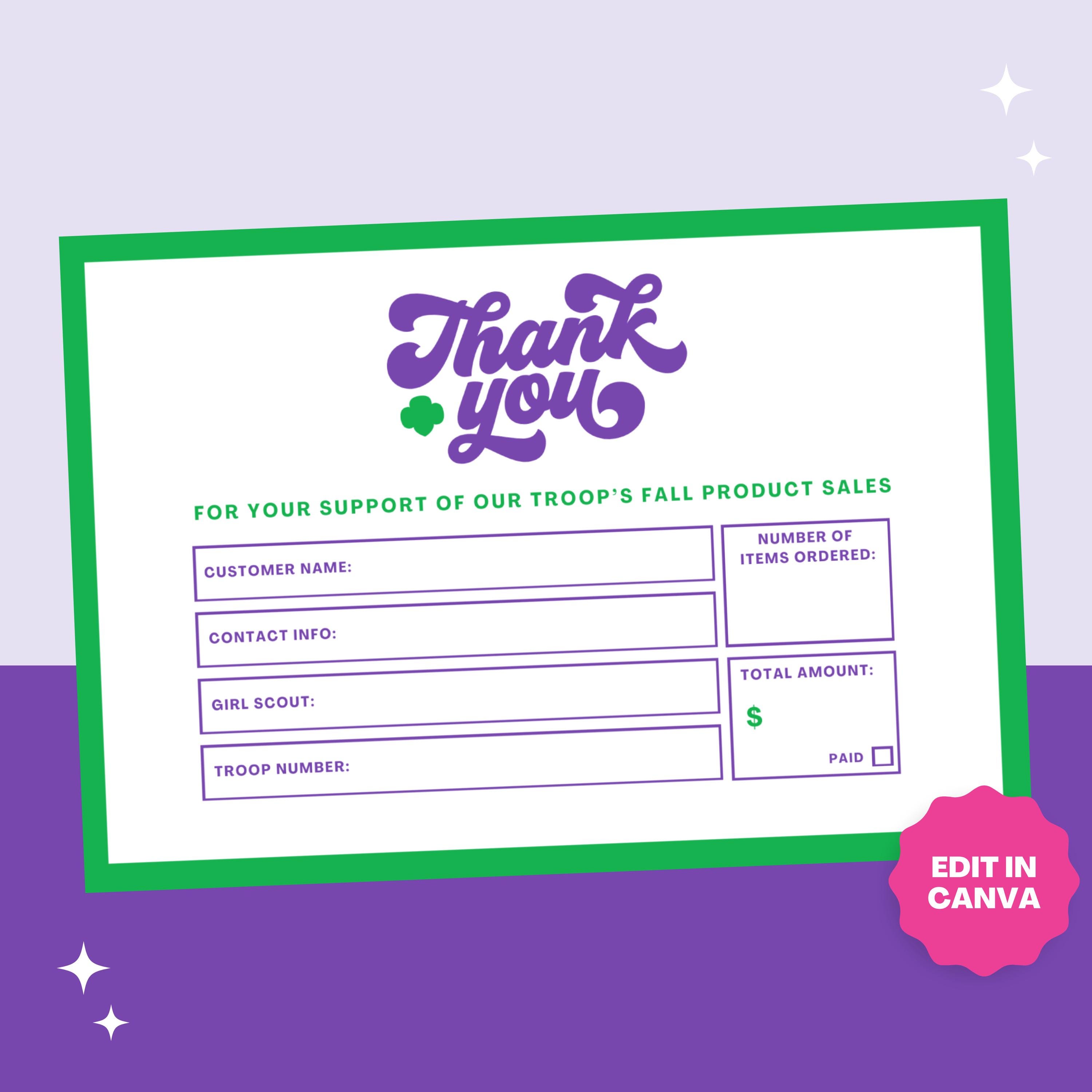 Girl Scout Fall Product Thank You Cards | 5 X 3.5 | Printable | Troop ...