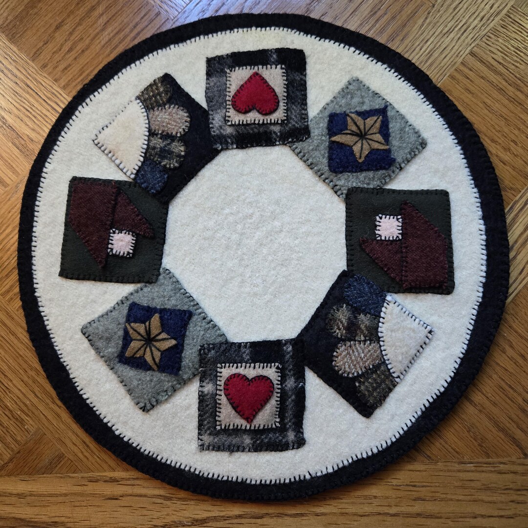 Wool Applique Candle Mat, Quilt Block Penny Rug, Mug Rug, Felted Wool ...