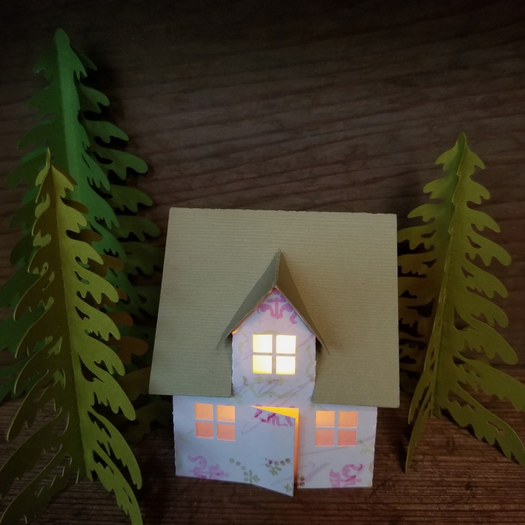 Tea Light Village Lighted Paper House, Dormer Style House, Three Trees ...