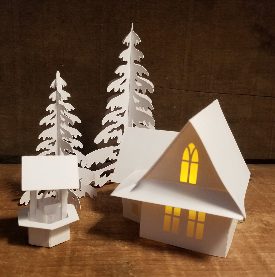 Tea Light Village American Gothic Style House, Wishing Well, 2 Trees ...