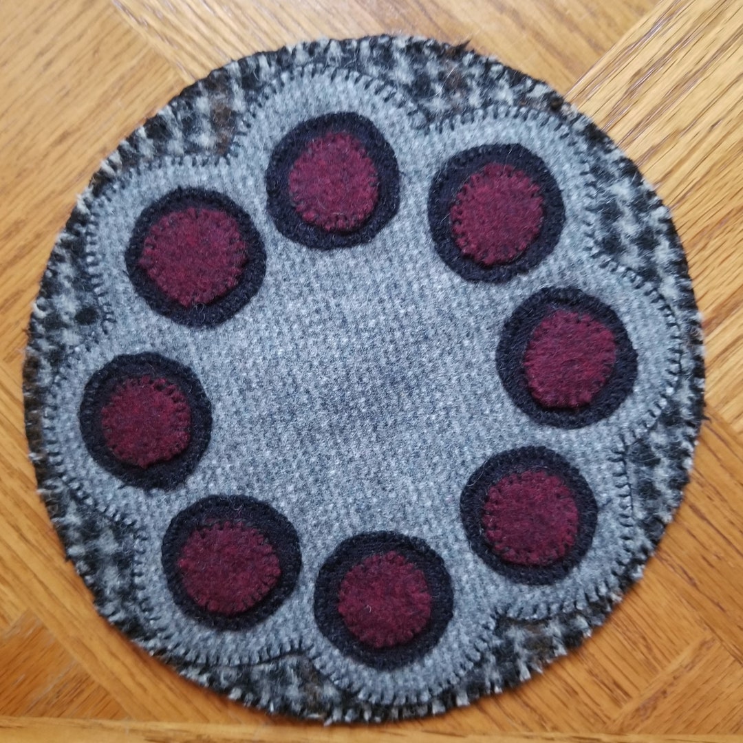 Wool Applique Candle Mat, Wool Felt Penny Rug, Mug Rug, Felted Wool ...
