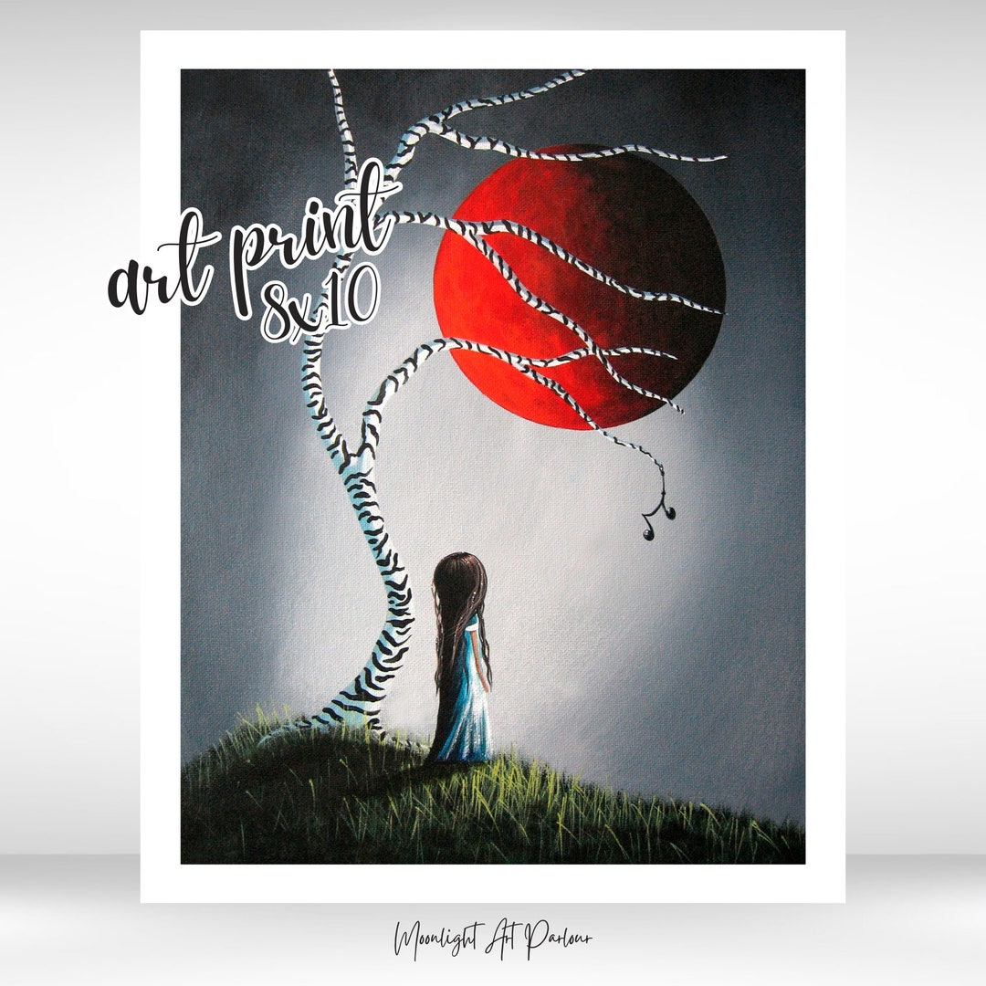 Surreal Art Prints, Girl Under Red Moon, 8x10 Wall Art, Mystery Artwork ...