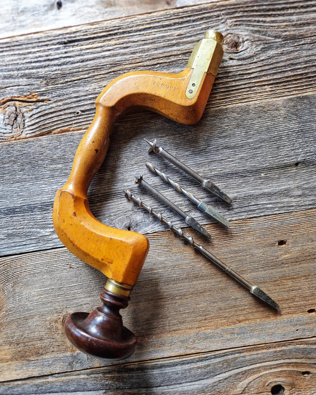 Antique English Bit Brace With 4 Period Drill Bits | Woodworking Tool ...