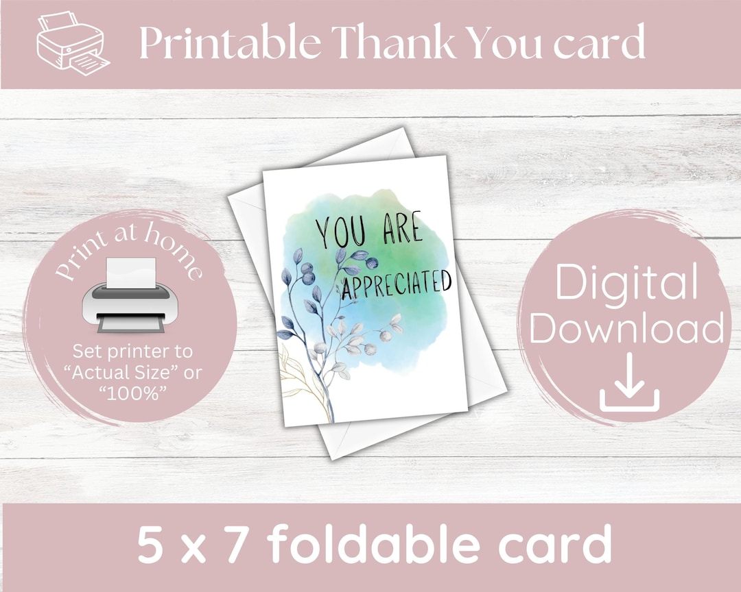 Printable Appreciation Card, You Are Appreciated Card, 5x7 Card ...