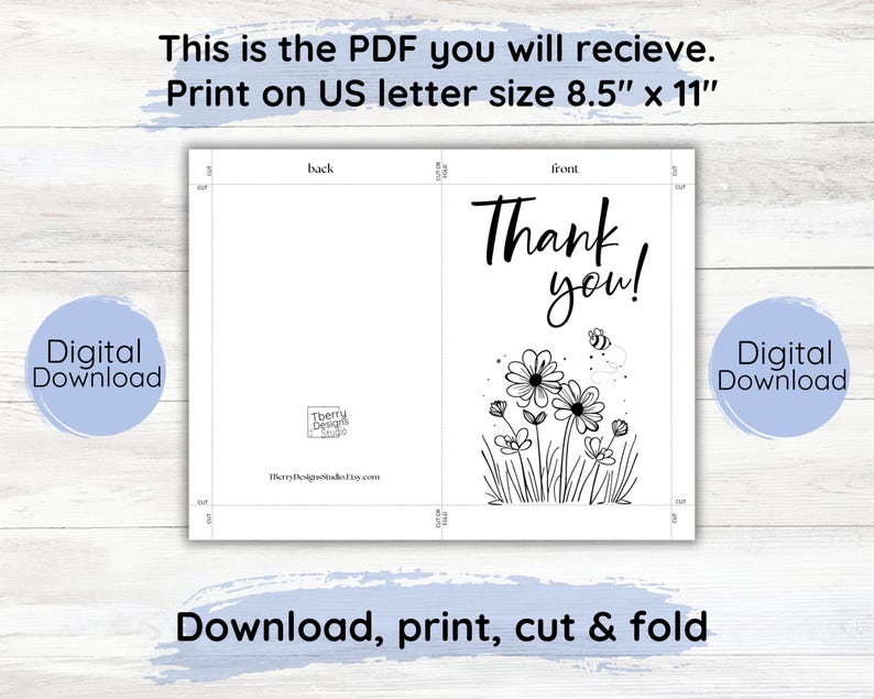 Printable Thank You Card, 5x7 Card, Downloadable Card, Black and White ...
