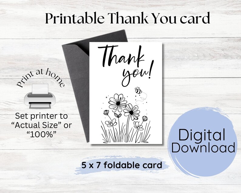 Printable Thank You Card, 5x7 Card, Downloadable Card, Black and White Card, Digital Thank You ...