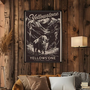 Yellowstone National Park Poster, Wildlife Wall Art, Bison Artwork ...