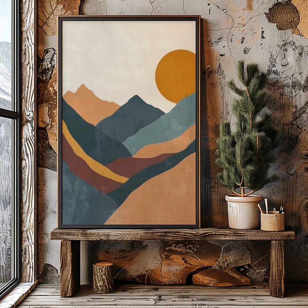Modern Abstract Mountain Landscape Wall Art | Minimalist Sun and ...