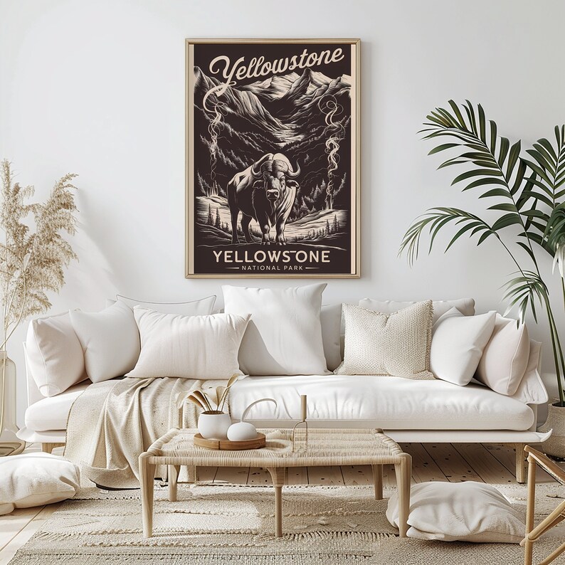 Yellowstone National Park Poster, Wildlife Wall Art, Bison Artwork ...