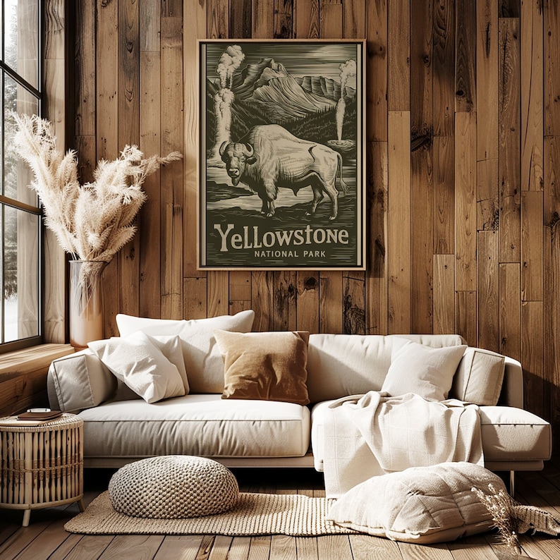 Vintage Yellowstone National Park Poster, Bison Art Print, National ...