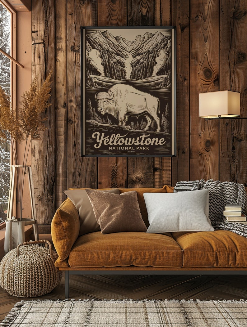 Vintage Yellowstone National Park Poster, Bison Art Print, National ...