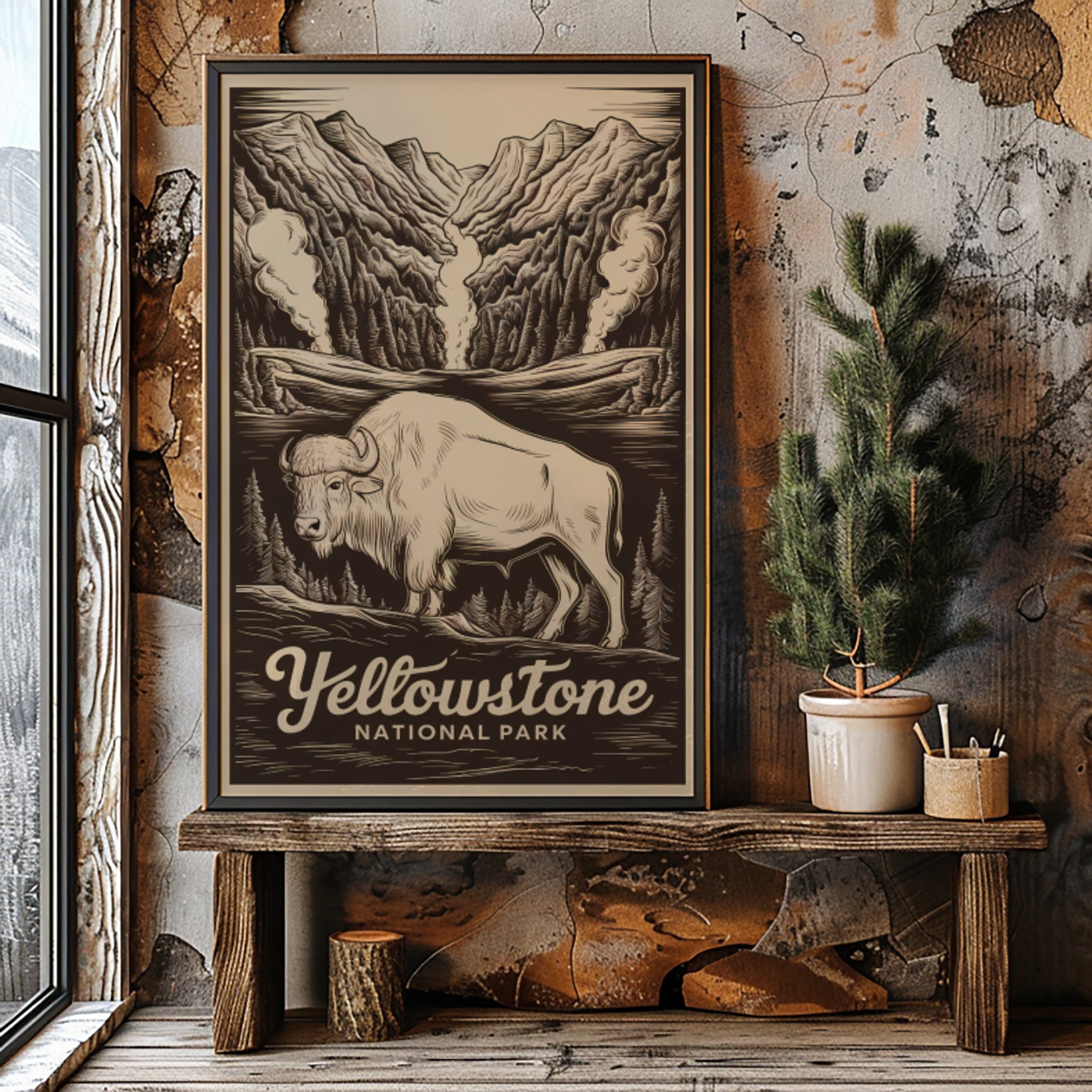 Vintage Yellowstone National Park Poster, Bison Art Print, National ...