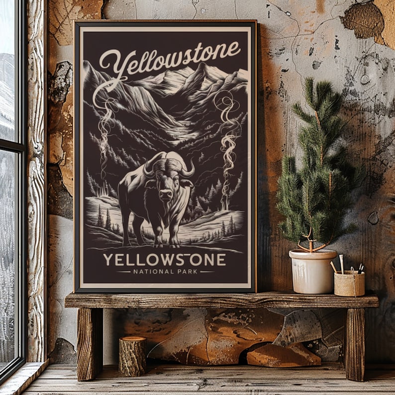 Yellowstone National Park Poster, Wildlife Wall Art, Bison Artwork ...