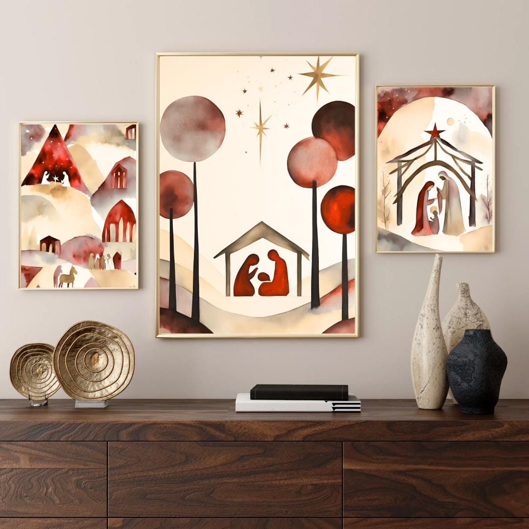 Nativity Scene Modern Wall Art Set of 3 Watercolour Christian Art ...