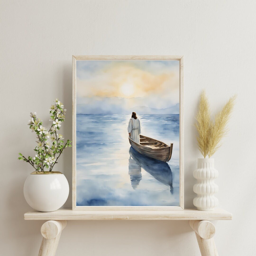 Jesus on the Boat Sunrise Watercolour Christian Art Digital Print Bible ...