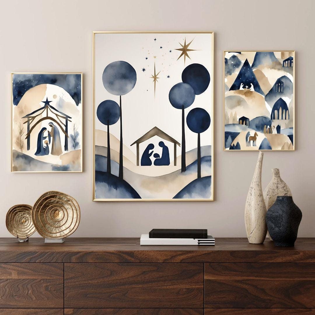 Nativity Scene Modern Wall Art Set of 3 Watercolour Christian Art ...