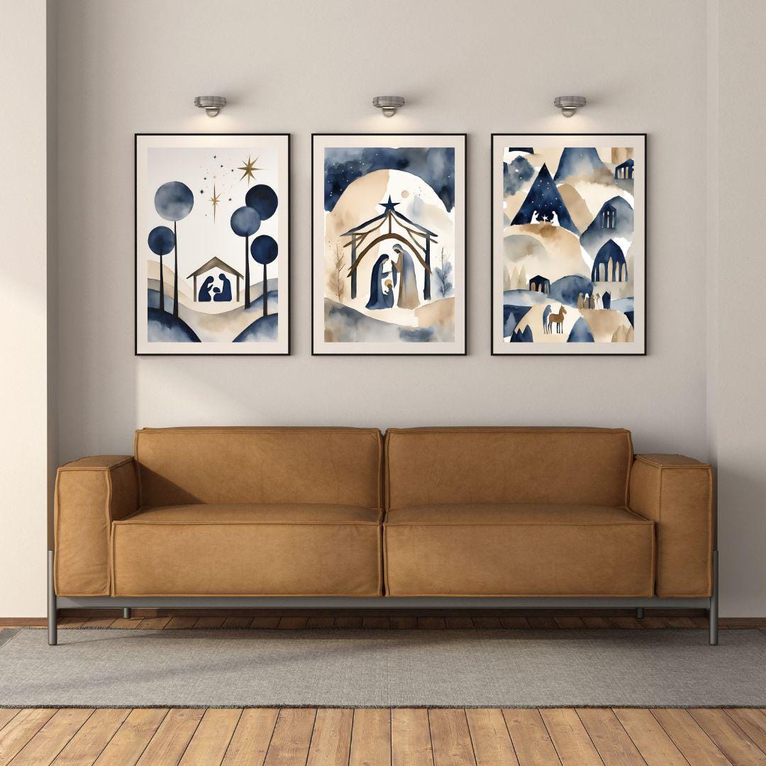 Nativity Scene Modern Wall Art Set of 3 Watercolour Christian Art ...