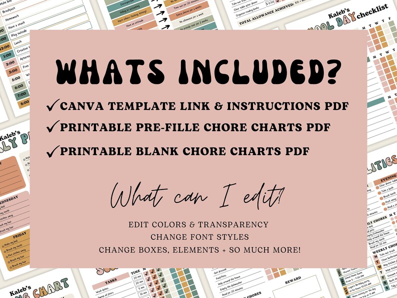 Editable Kids Chore Charts, Canva Template, Screen Time, School Routine ...