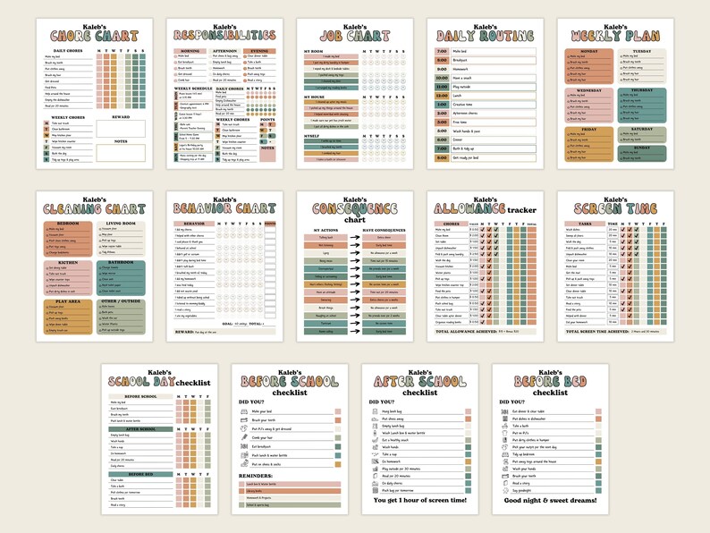 Editable Kids Chore Charts, Canva Template, Screen Time, School Routine ...
