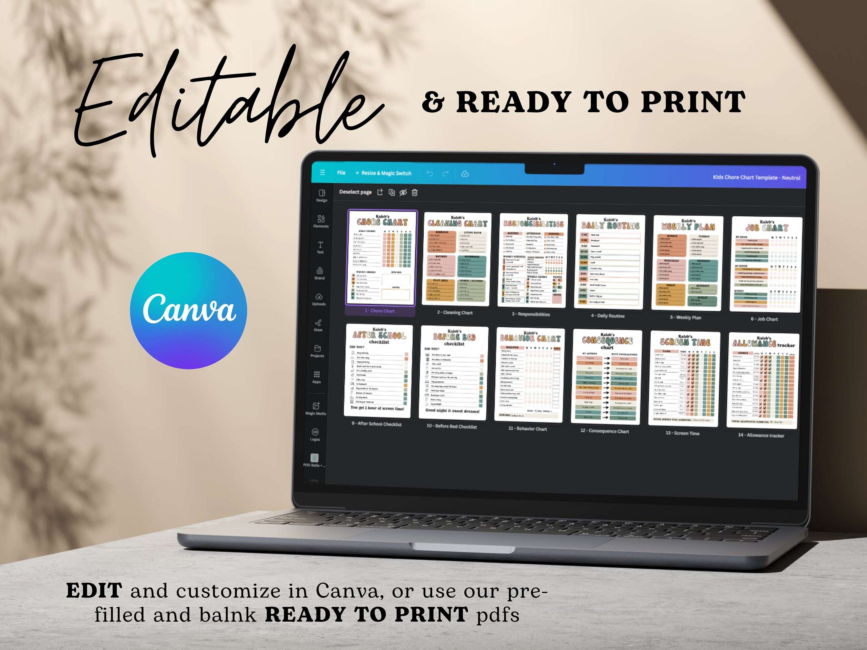 Editable Kids Chore Charts, Canva Template, Screen Time, School Routine ...