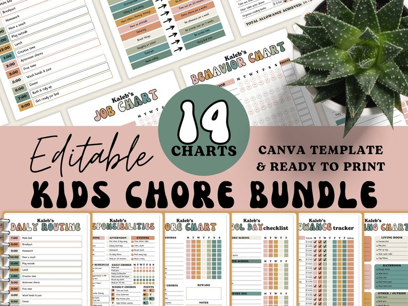 Editable Kids Chore Charts, Canva Template, Screen Time, School Routine ...