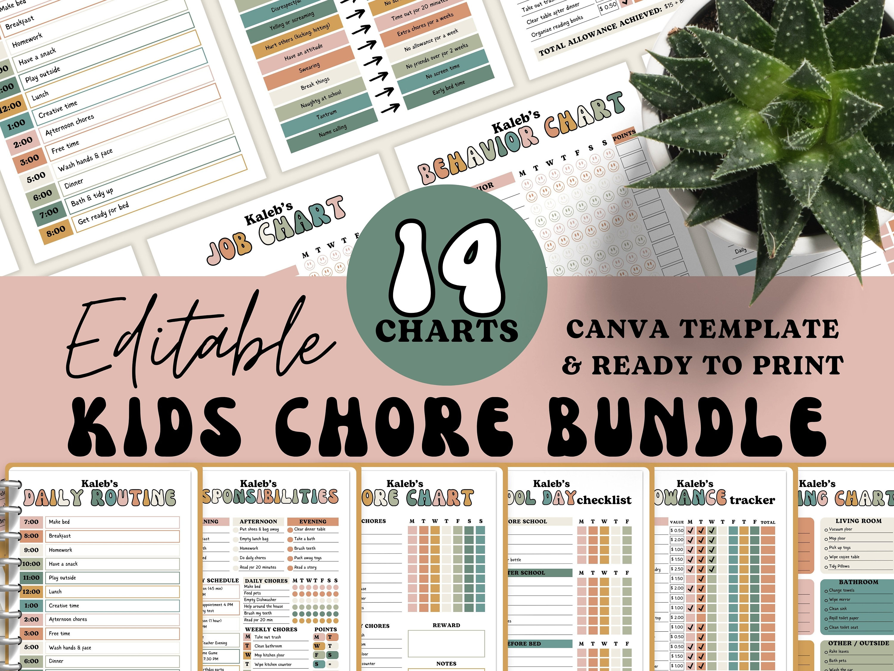 Editable Kids Chore Charts, Canva Template, Screen Time, School Routine ...
