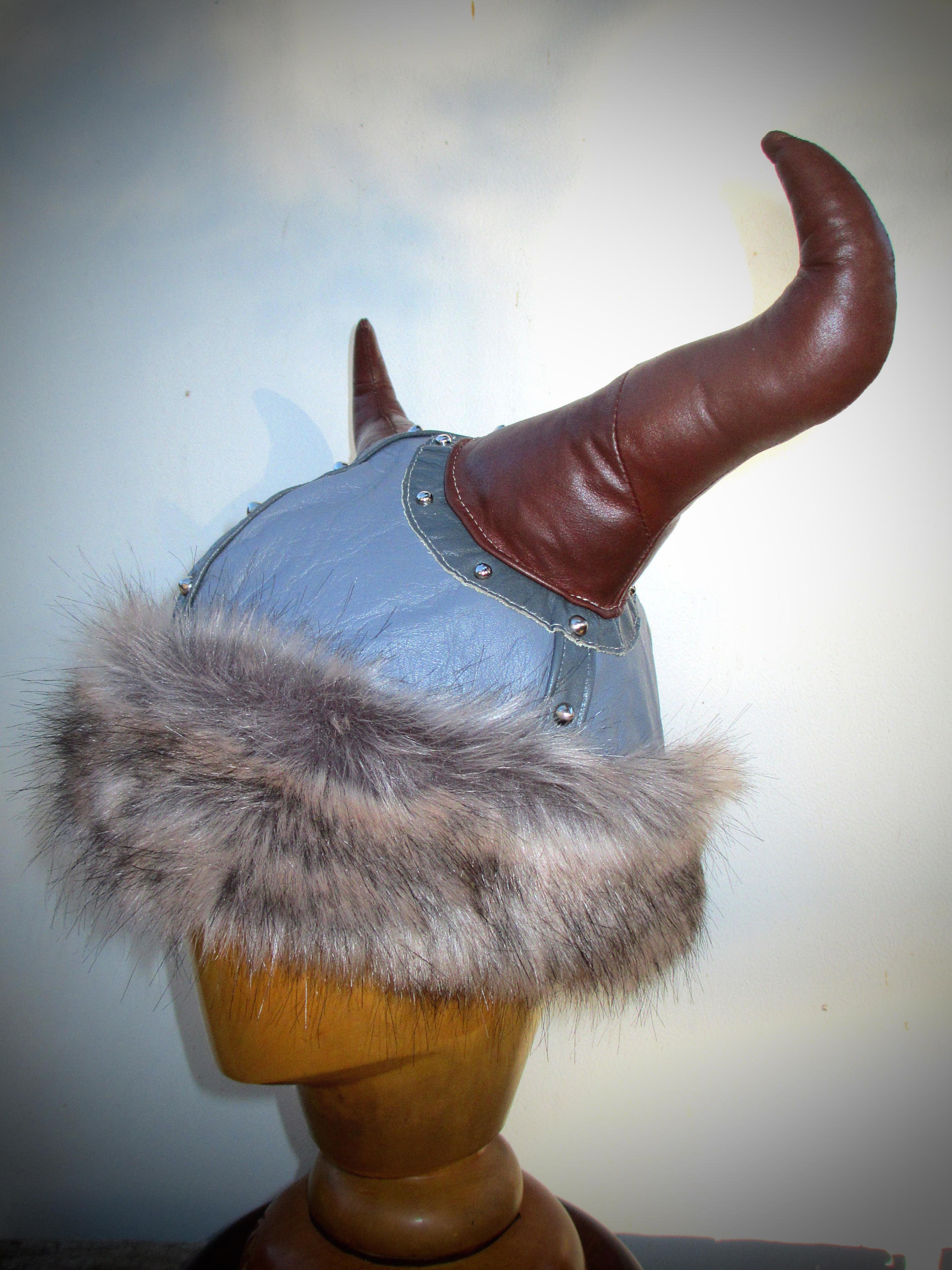 Leather Vikings Helmet w/ Winter Furry Brim/ Nickel Studs | Etsy