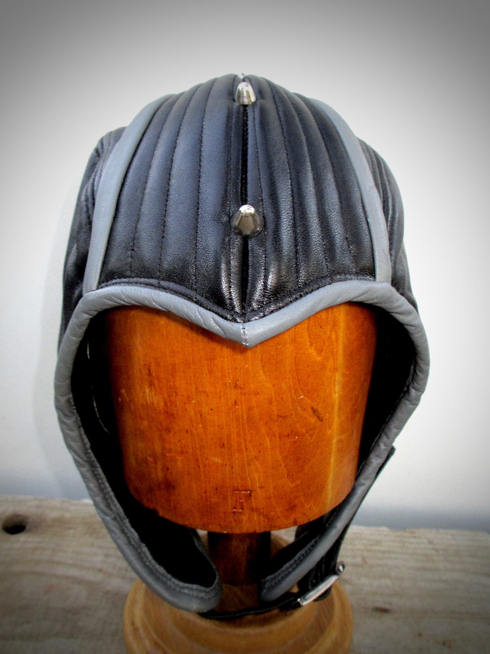 Retro swoop Men's Aviator Hat in Black/ Gray Leather W Studs in Large ...