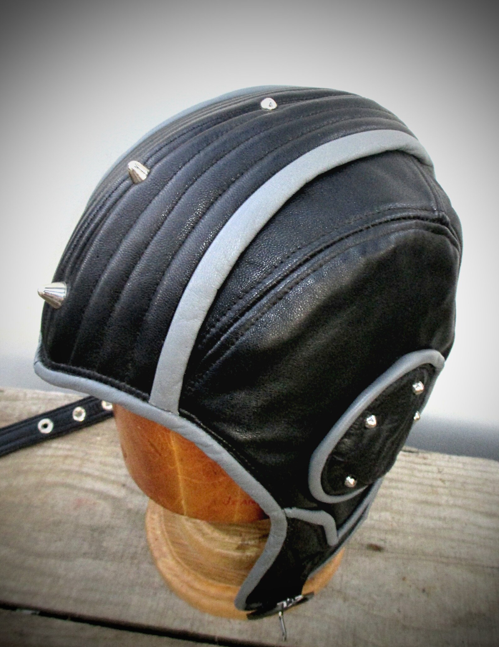 Retro swoop Men's Aviator Hat in Black/ Gray Leather W Studs in Large ...