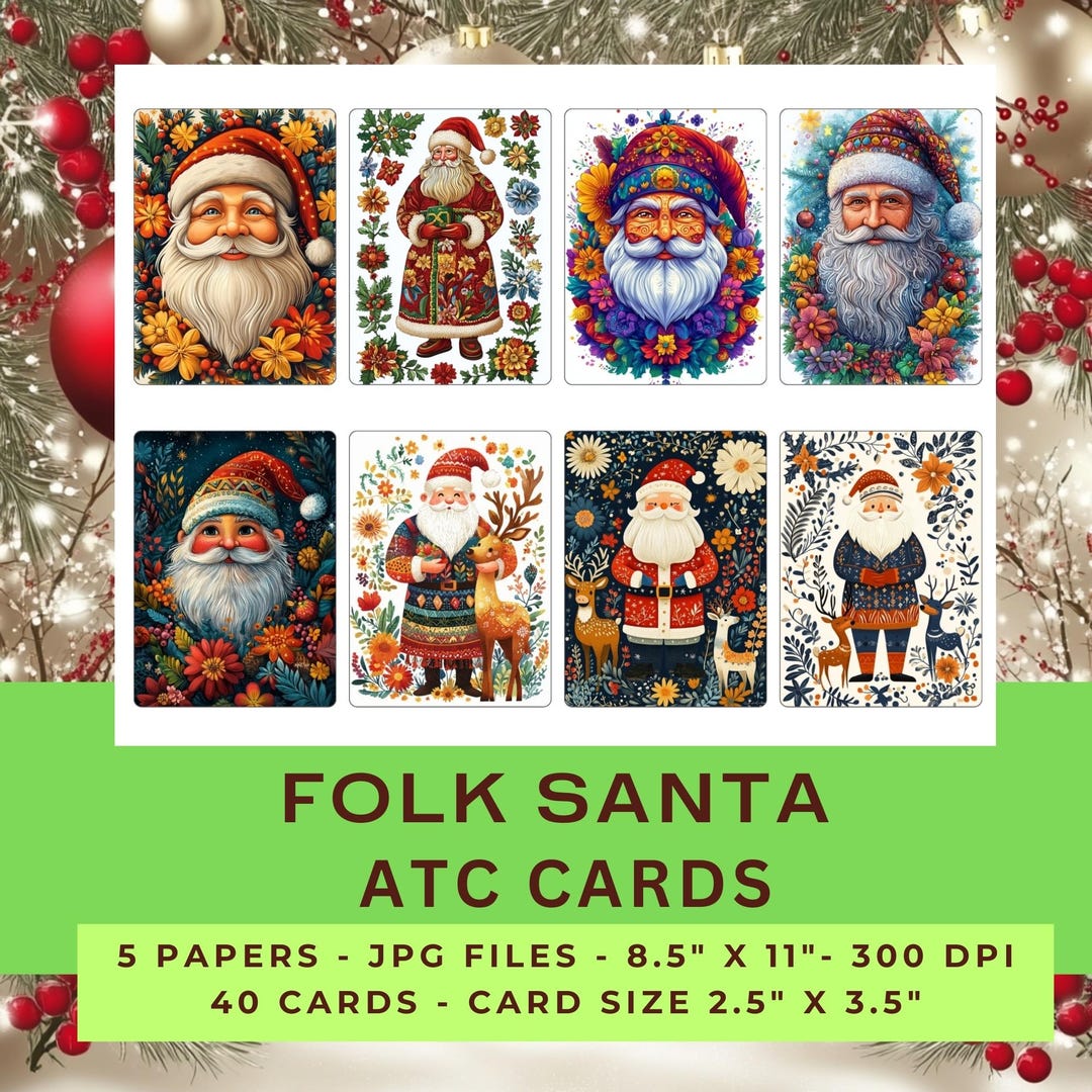 Folk Art Santa Christmas ATC Cards, Holiday Trading Cards Set, Cute ...