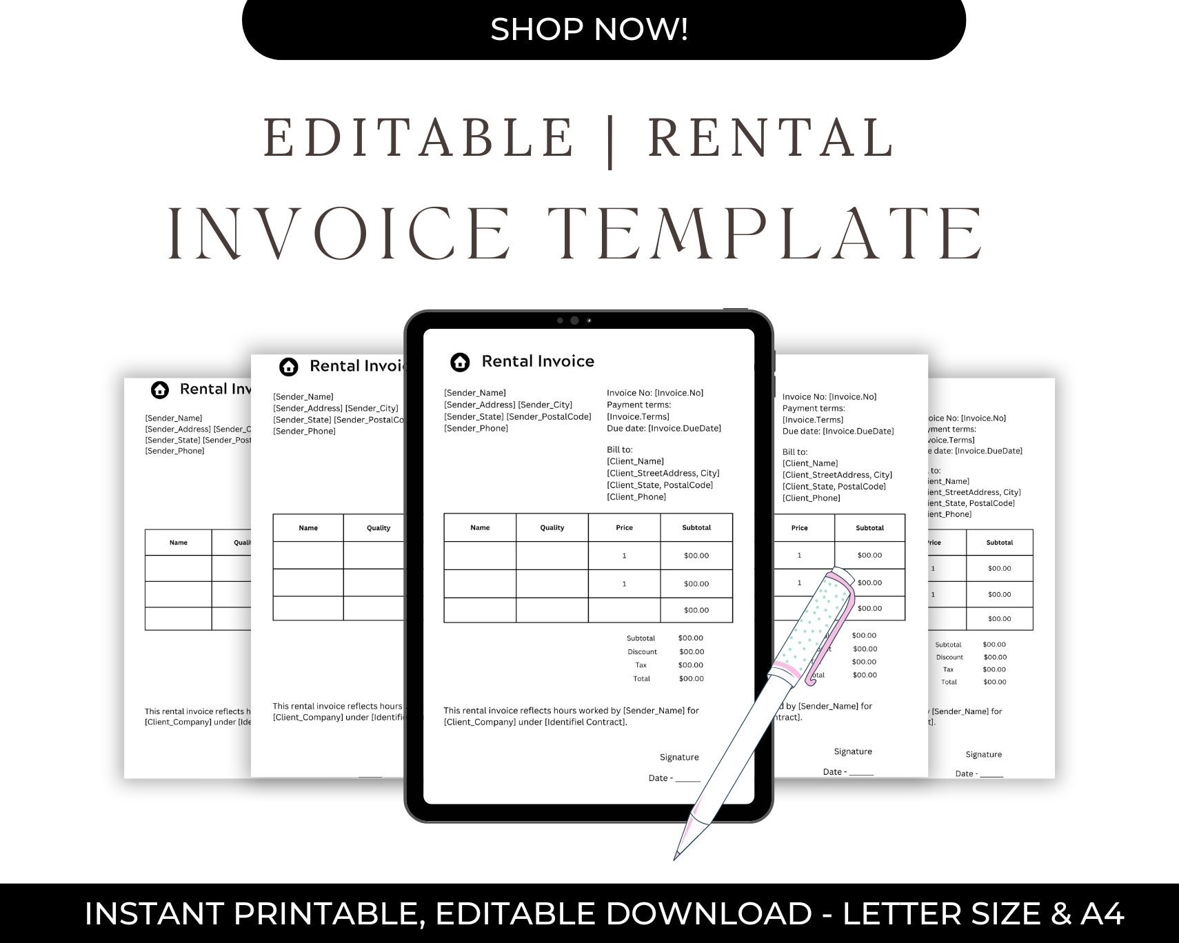 Editable Rental Invoice Template Printable for Everyone | Digital ...