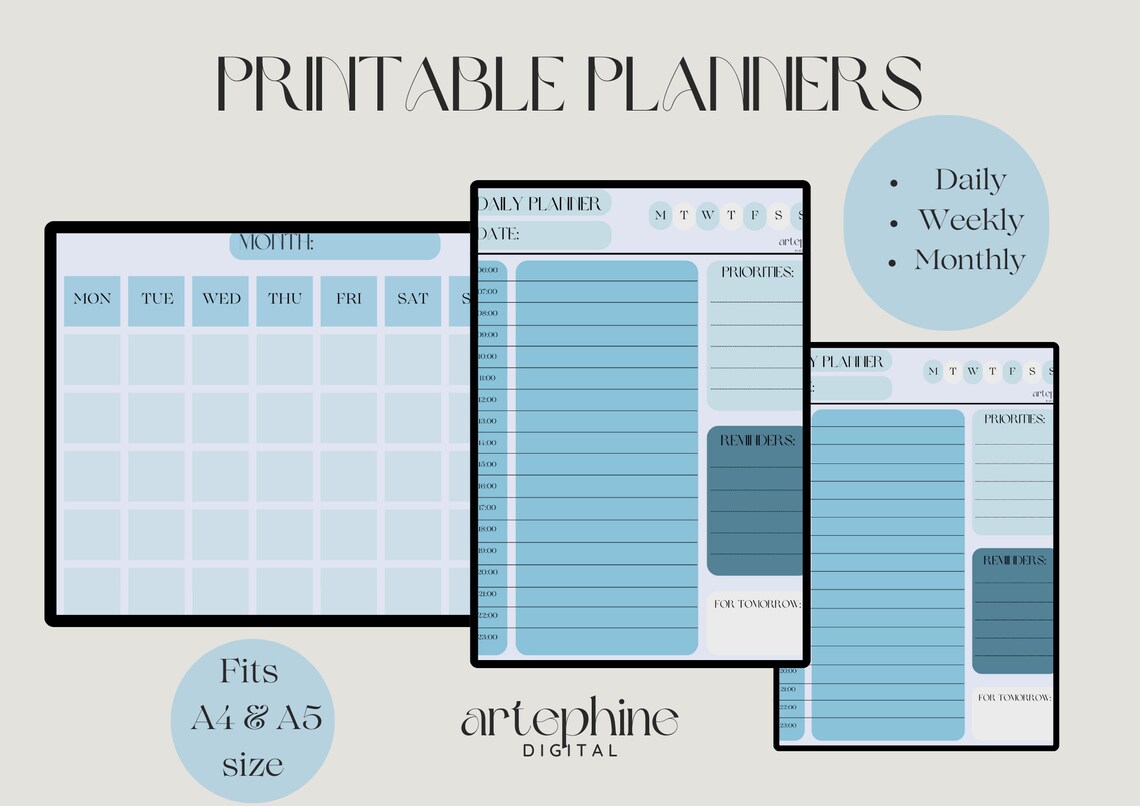 Printable Planner Set Daily, Weekly, and Monthly Pages in Beautiful ...
