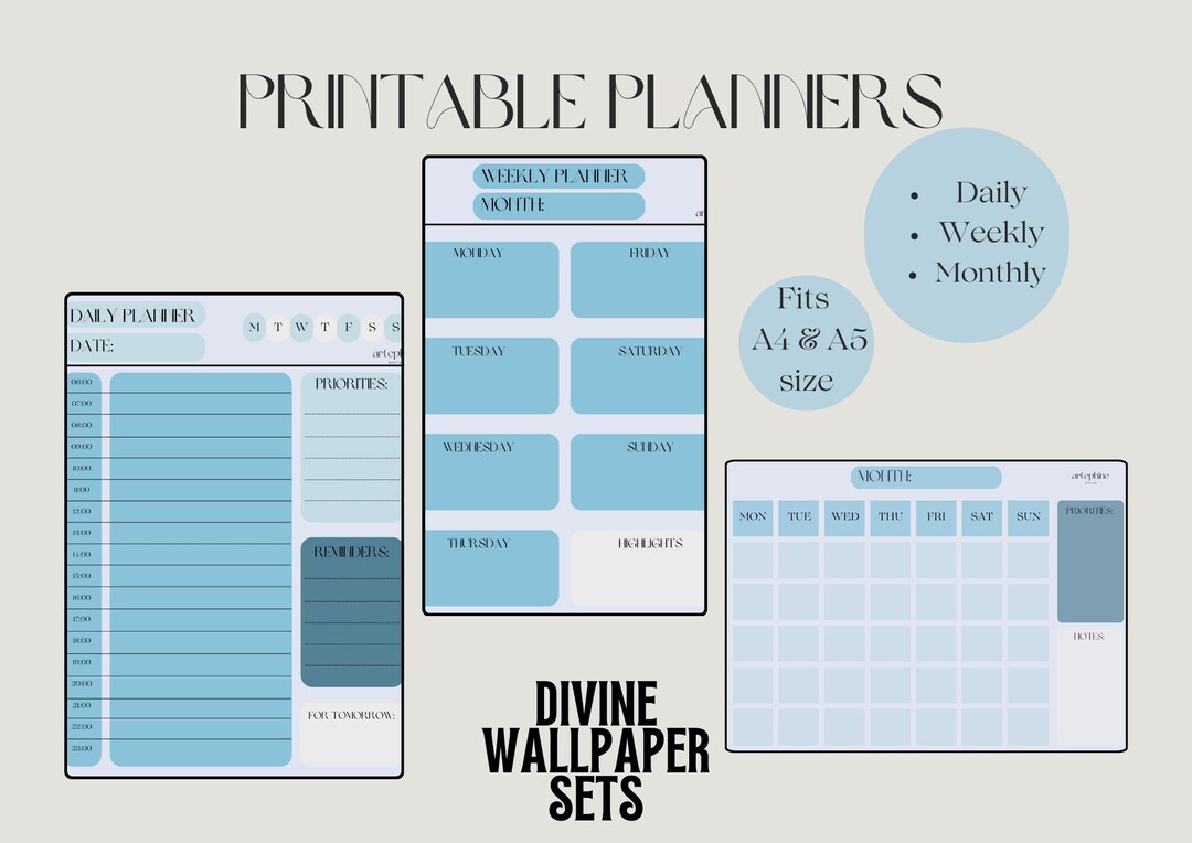 Printable Planner Set - Daily, Weekly, and Monthly Pages in Beautiful ...