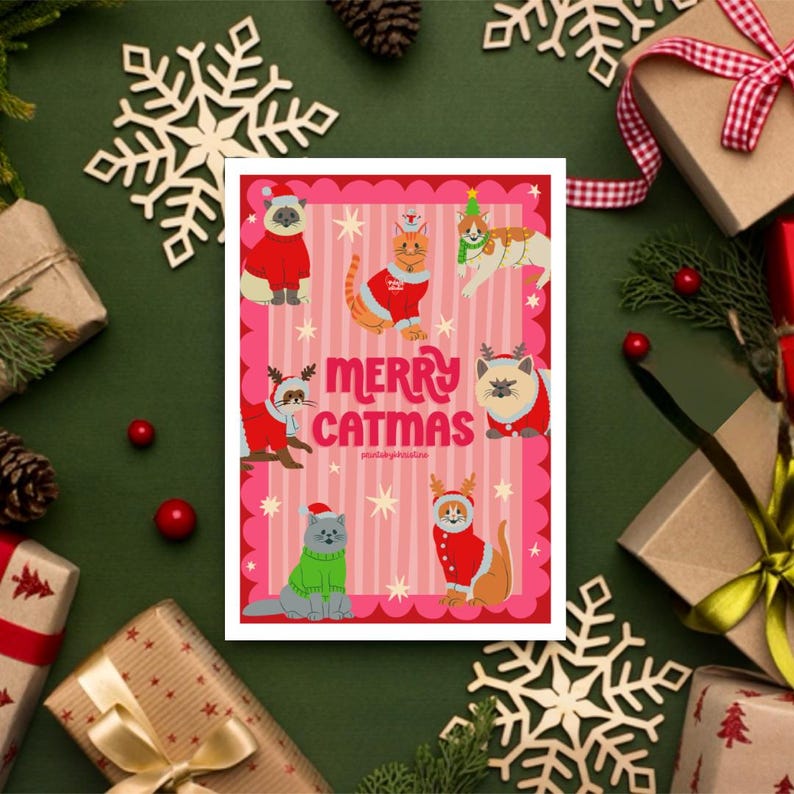 Merry Catmas Christmas Card – Festive Cats in Holiday Outfits Greeting ...