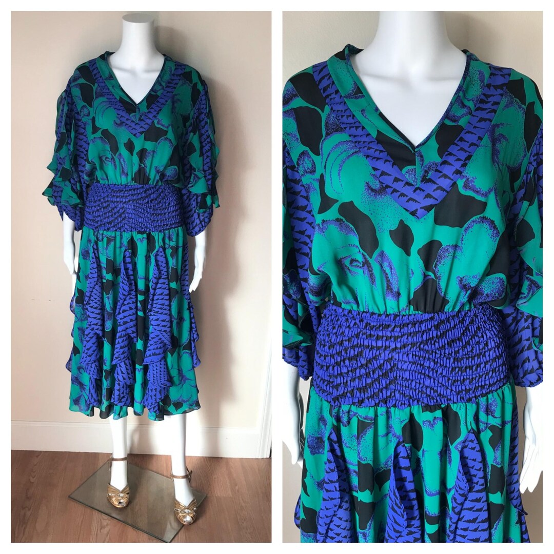 80s Vintage Assorti by Susan Freis Ruffle Dress / Abstract Floral Print ...