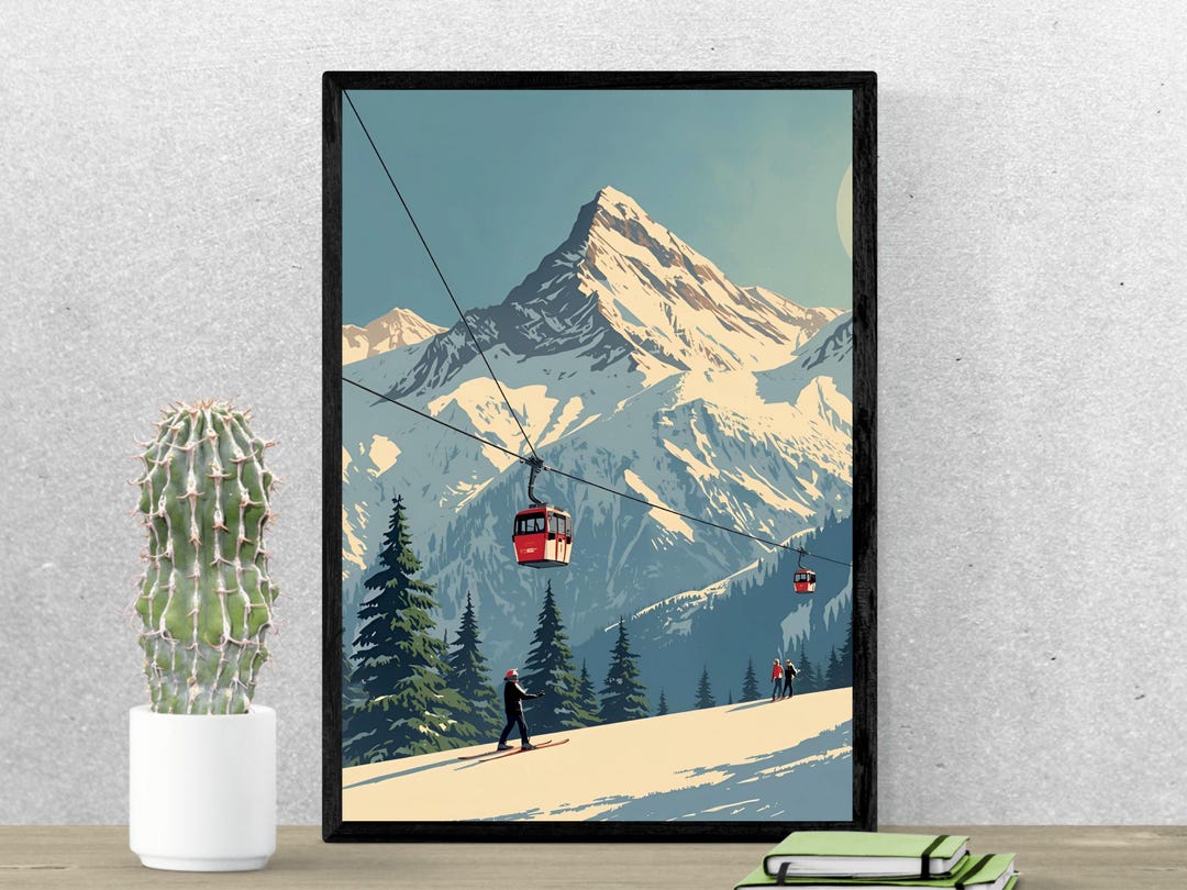 Vintage Swiss Alps Ski Poster, Retro Cable Car & Snowy Mountain Art ...