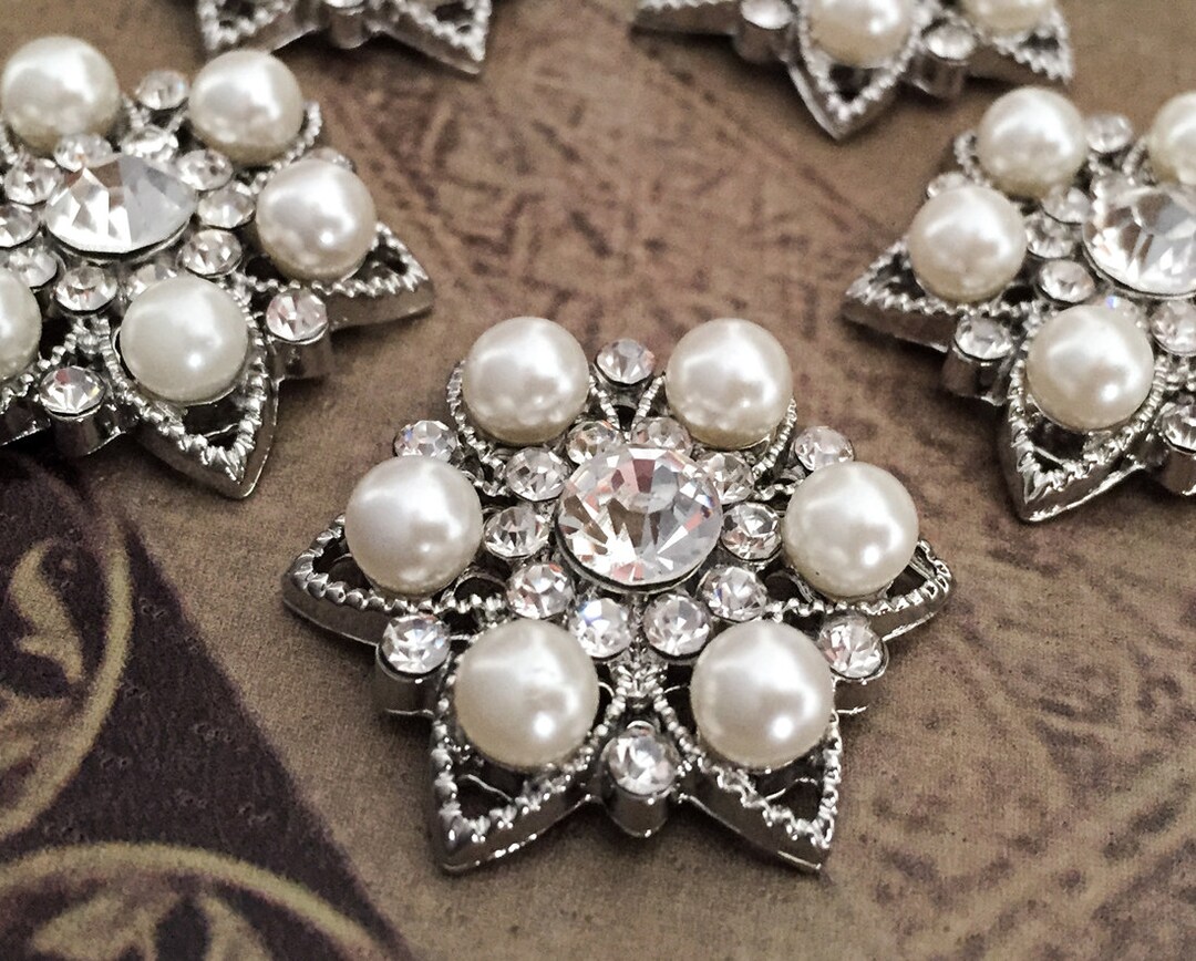 5 Rhinestone Buttons, Pearl Buttons, Silver Pearl Button, Rose Gold ...